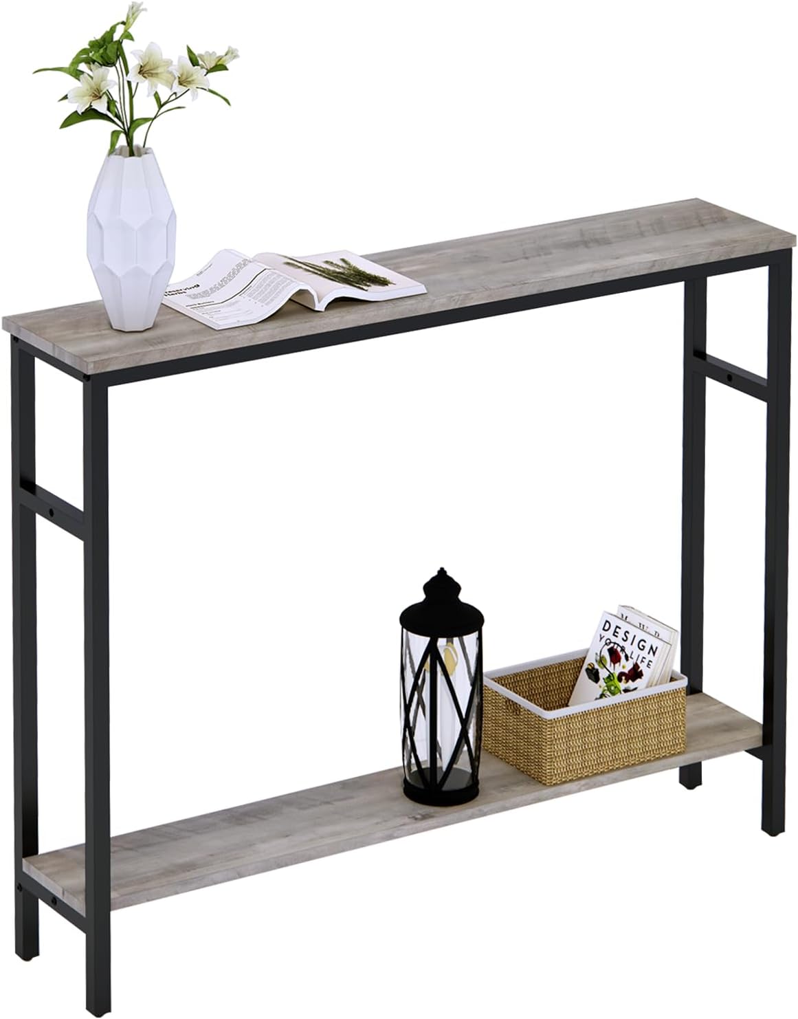 Narrow Console Table, 39.4” Sofa Table with Adjustable Shelf, 2-Tier ...
