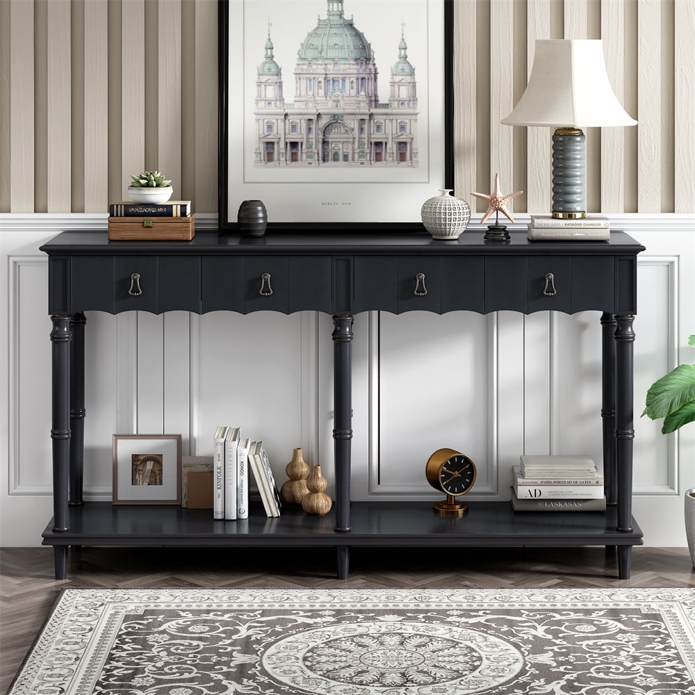 Narrow Console Table with 4 Storage Drawers and 1 Shelf, Solid Wood ...