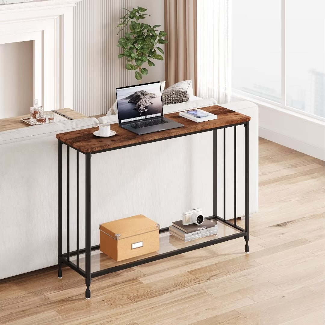 Narrow Console Table, 41.5" Entryway Table with Glass Shelf and Metal ...