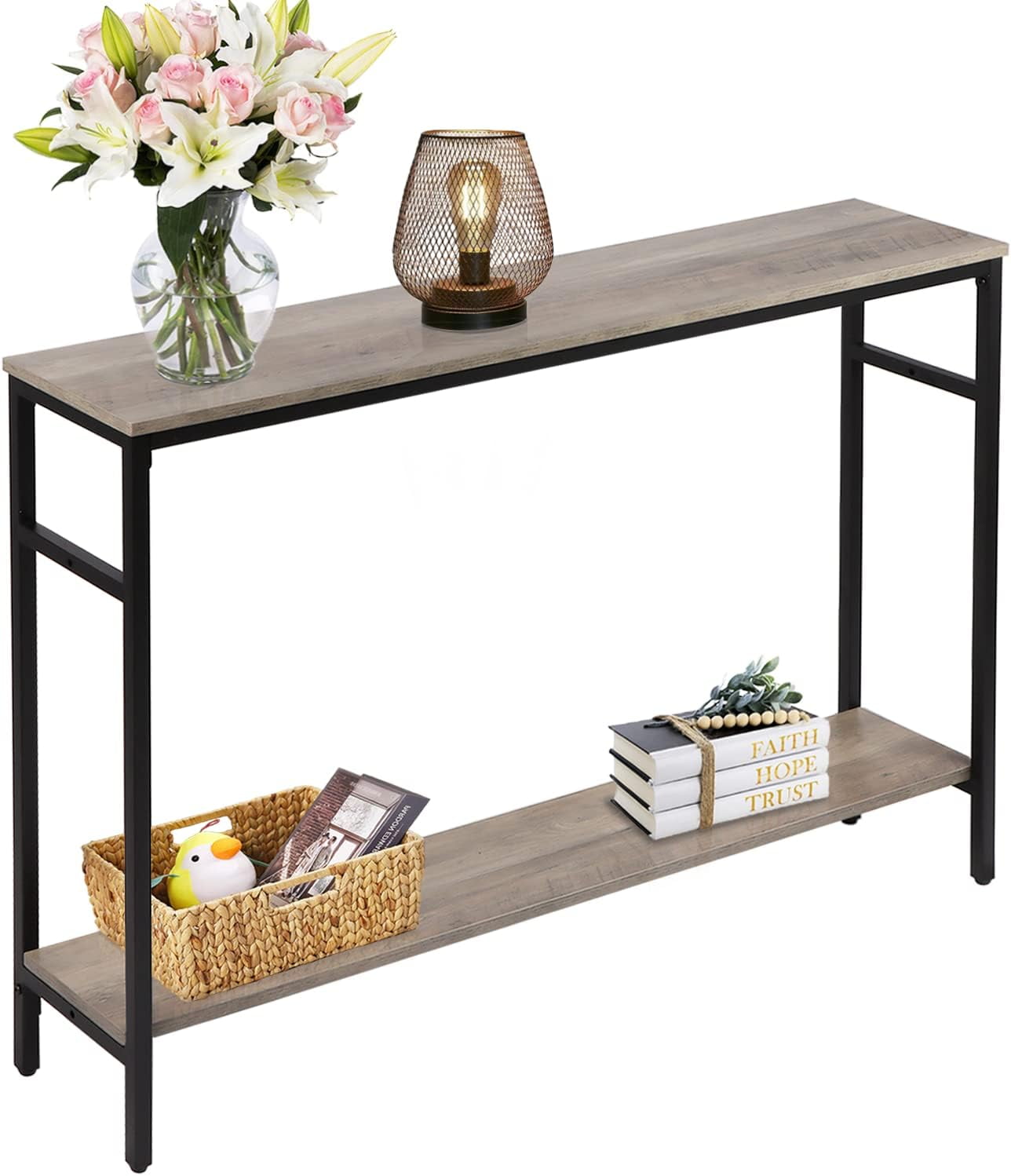 Narrow Console Table, 47 Inch Sofa Table with Adjustable Shelf, 2-Tier ...