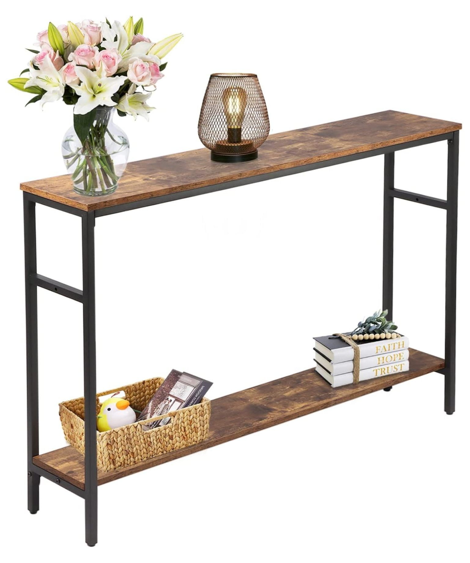 Narrow Console Table, 47 Inch Sofa Table with Adjustable Shelf, 2-Tier ...
