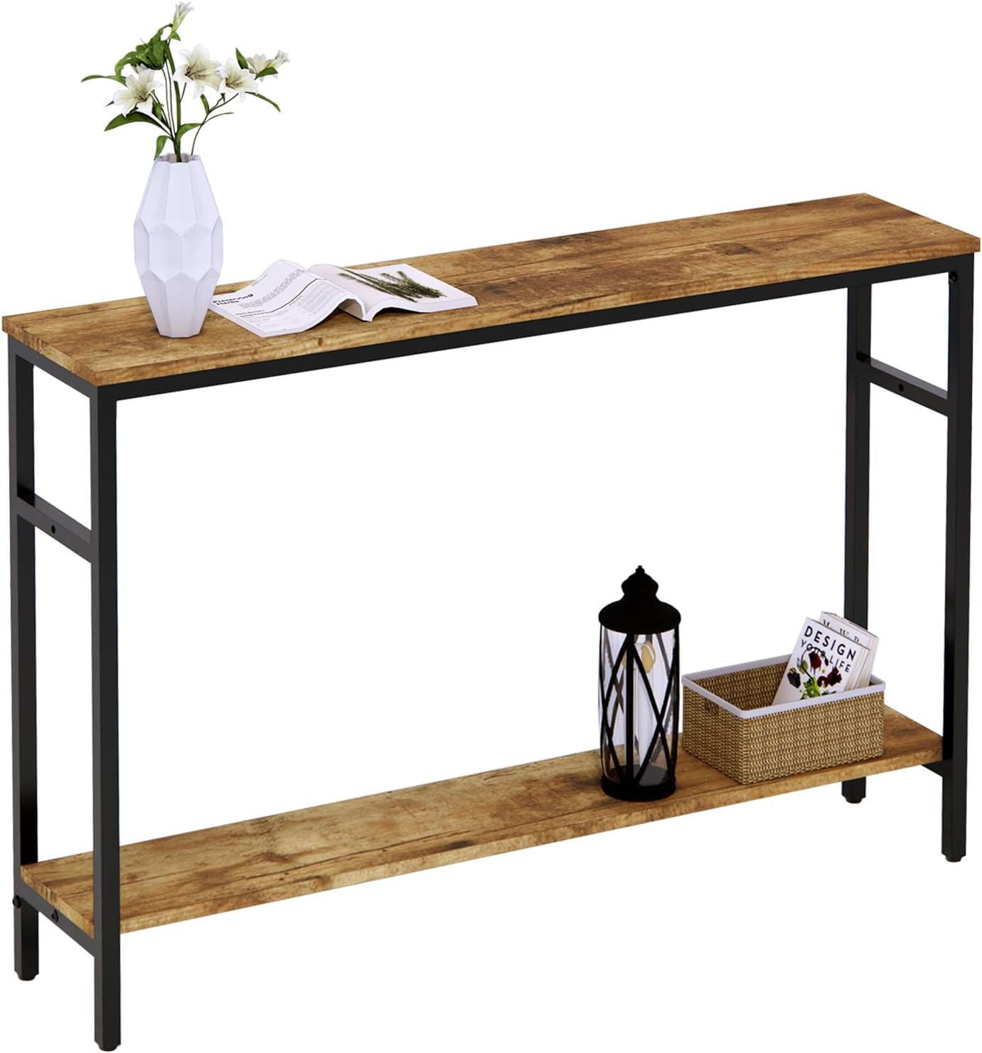 Narrow Console Table, 47 Inch Sofa Table with Adjustable Shelf, 2-Tier ...