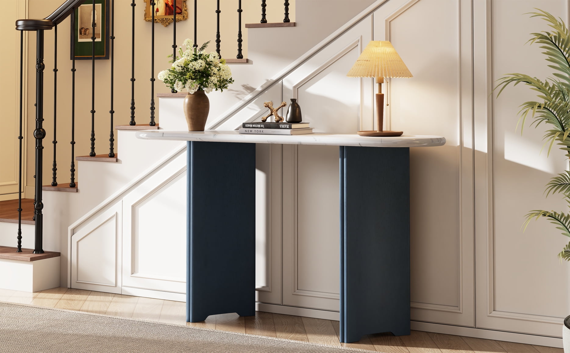 Narrow Console Table, Antique Sofa Table with Oval Marble Top, Rustic ...