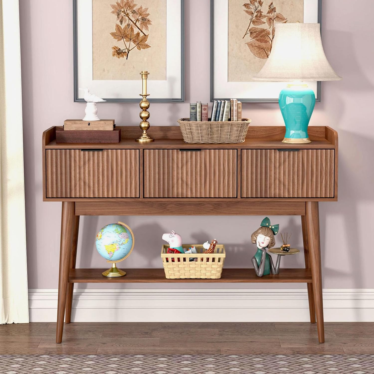 Narrow Console Table Entryway Sofa Table with 3 Drawers Fluted Console ...