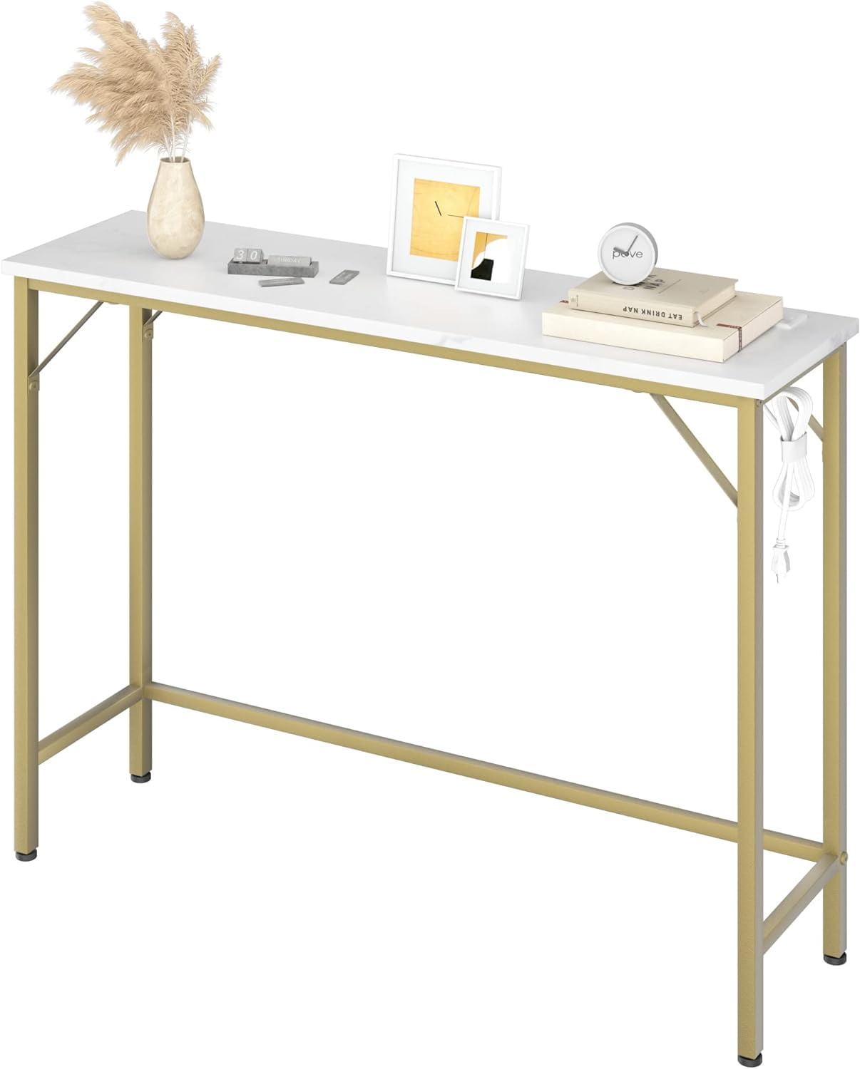 Narrow Console Table, Gold Sofa Table with Outlets, Behind Couch Table ...