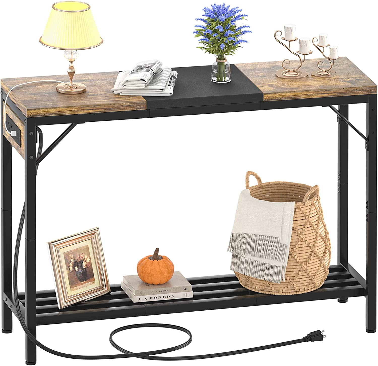 Narrow Console Table with Power Strips, Sofa Table with Storage Shelves ...