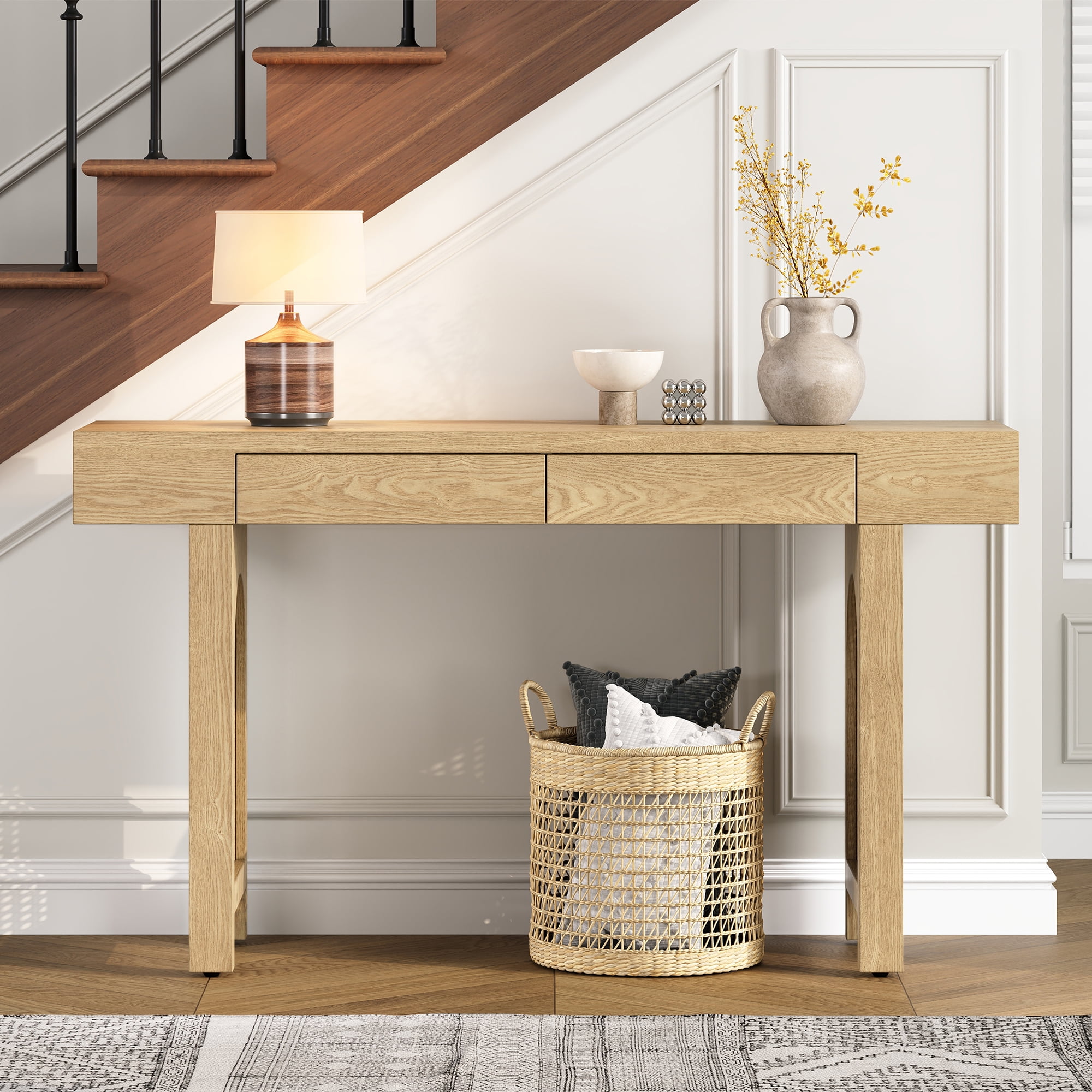 Narrow Console Table with Rattan Accent, Natural Wood Finish Entryway ...