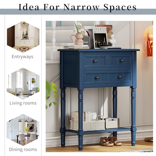 Narrow Console Table, Slim Sofa Table with 3 Drawers and Bottom Shelf ...