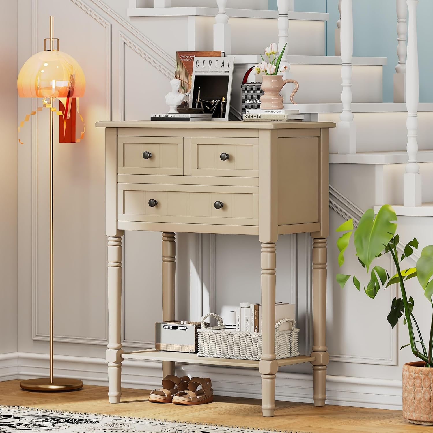 Narrow Console Table, Slim Sofa Table with Three Storage Drawers and ...