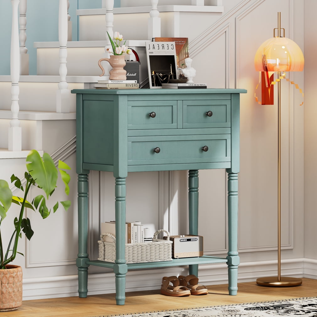 Narrow Console Table with 3 Drawers & Shelf, Solid Wood Slim Design for ...