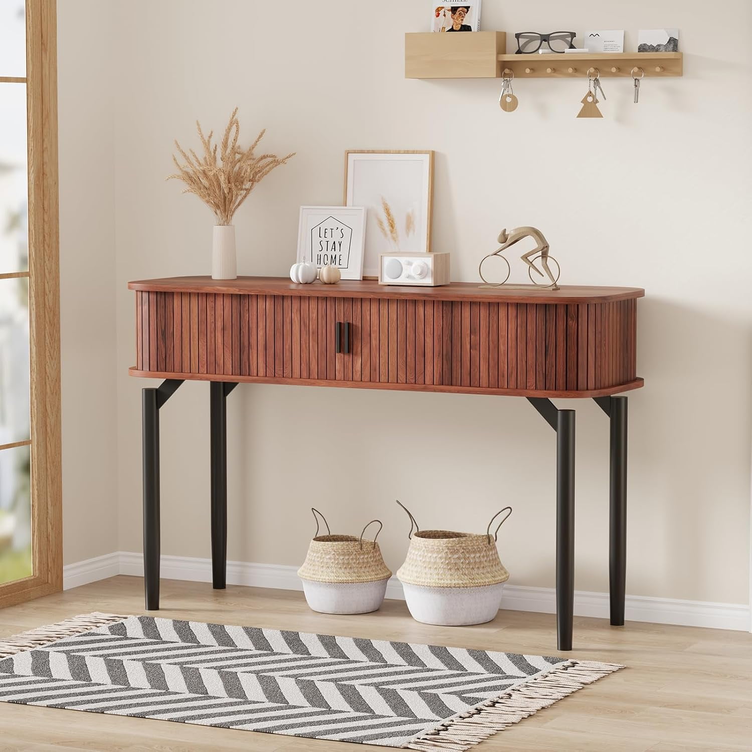 Narrow Console Table with Sliding Door,Fluted Entryway Table Hallway ...