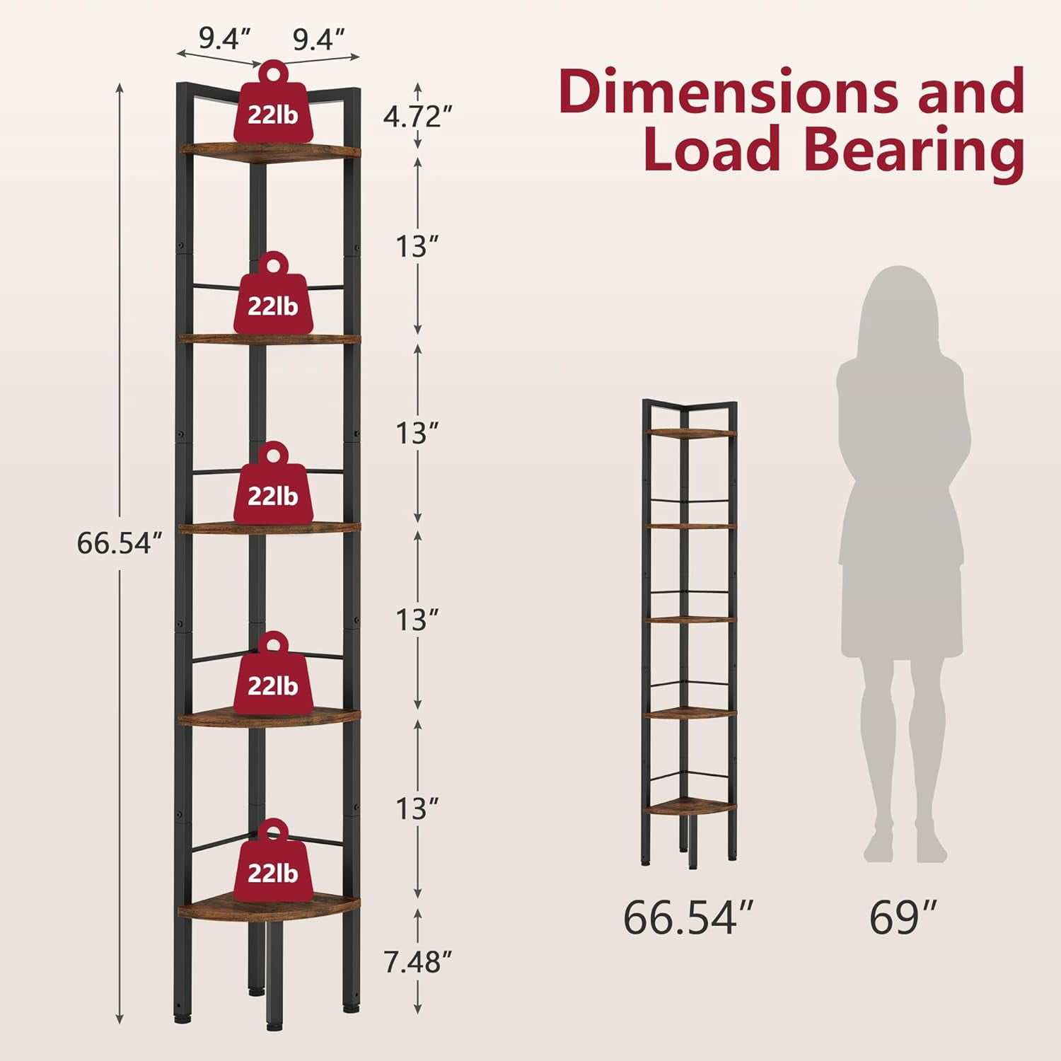 Narrow Corner Shelf Stand 5 Tier 66.5" Industrial Corner Ladder Shelves ...