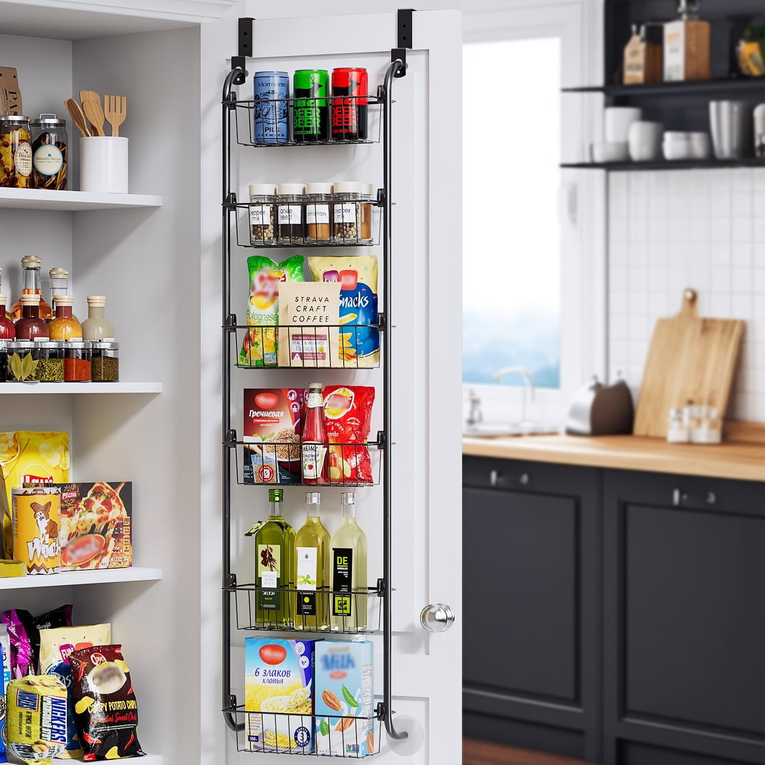 Narrow Over the Door Pantry Organizer, 6-Tier Metal Pantry Door ...