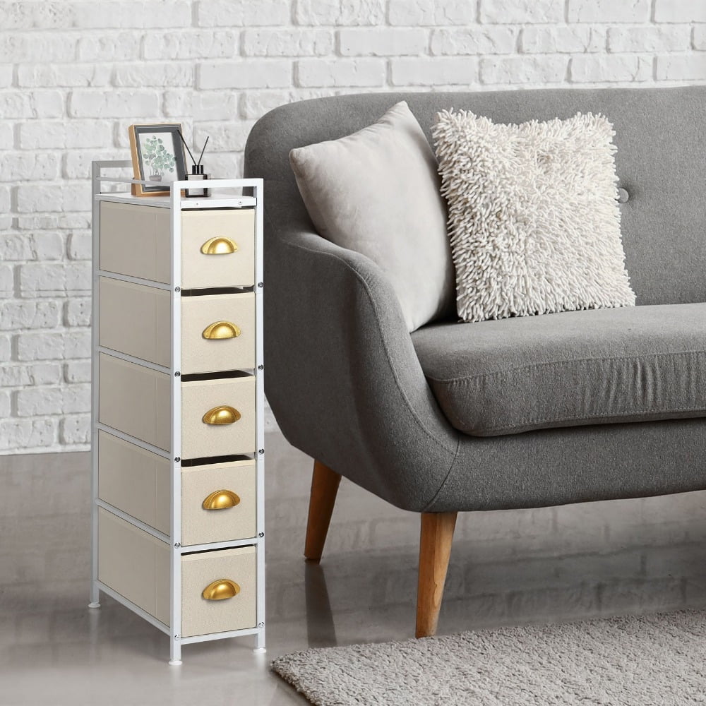 Narrow Dresser with 5 Drawers, Vertical Standing Storage Chest, Fabric ...