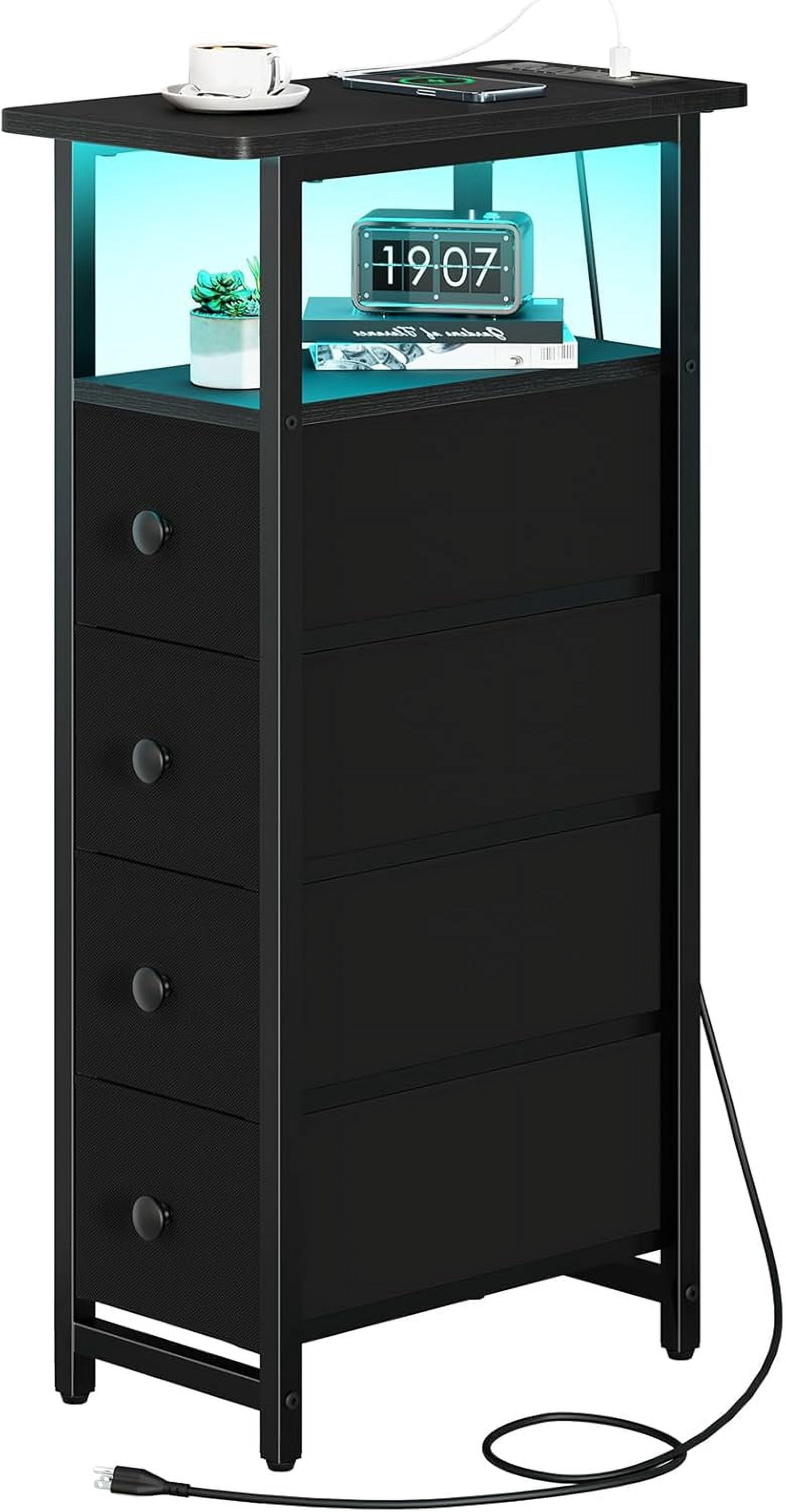 Narrow Dresser for Bedroom, LED Skinny Nightstand with Charging Station ...
