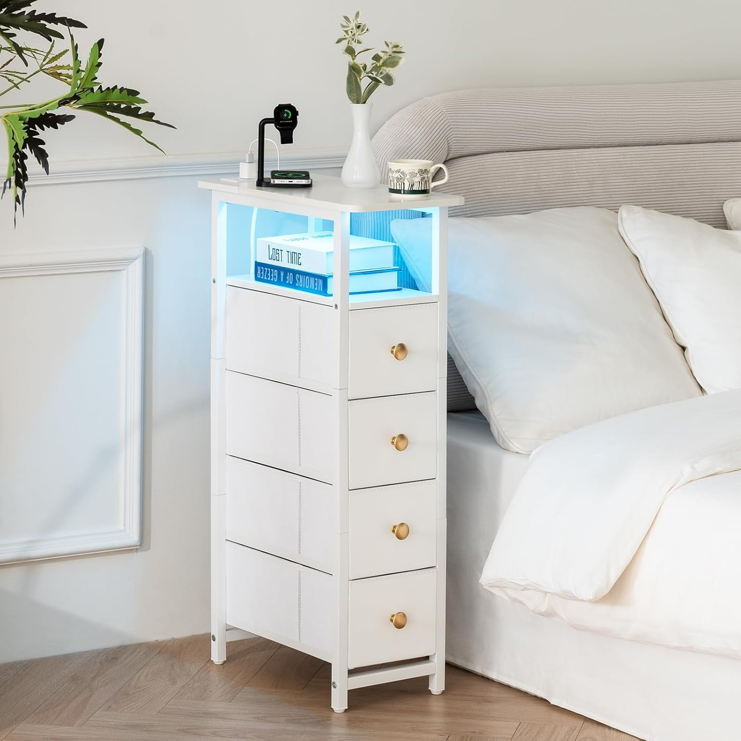Narrow Dresser for Bedroom, LED Slim Dresser with Charging Station ...