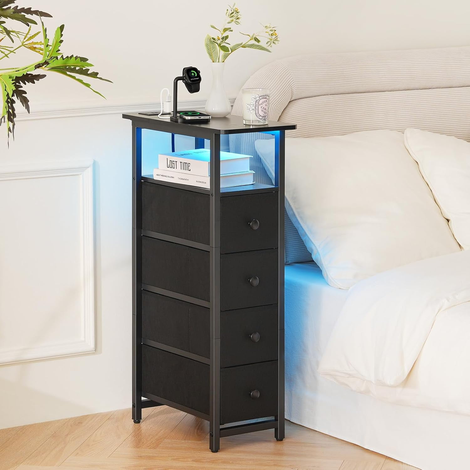 Narrow Dresser for Bedroom, LED Slim Dresser with Charging Station ...