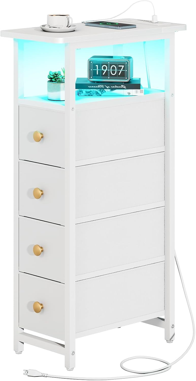 Narrow Dresser for Bedroom, LED Slim Nightstand with Charging Station ...