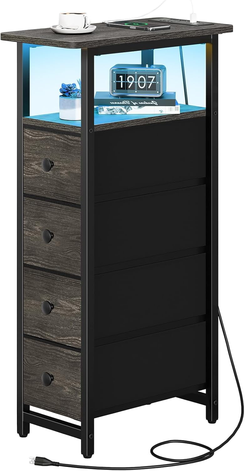 Narrow Dresser for Bedroom, LED Slim Nightstand with Charging Station ...