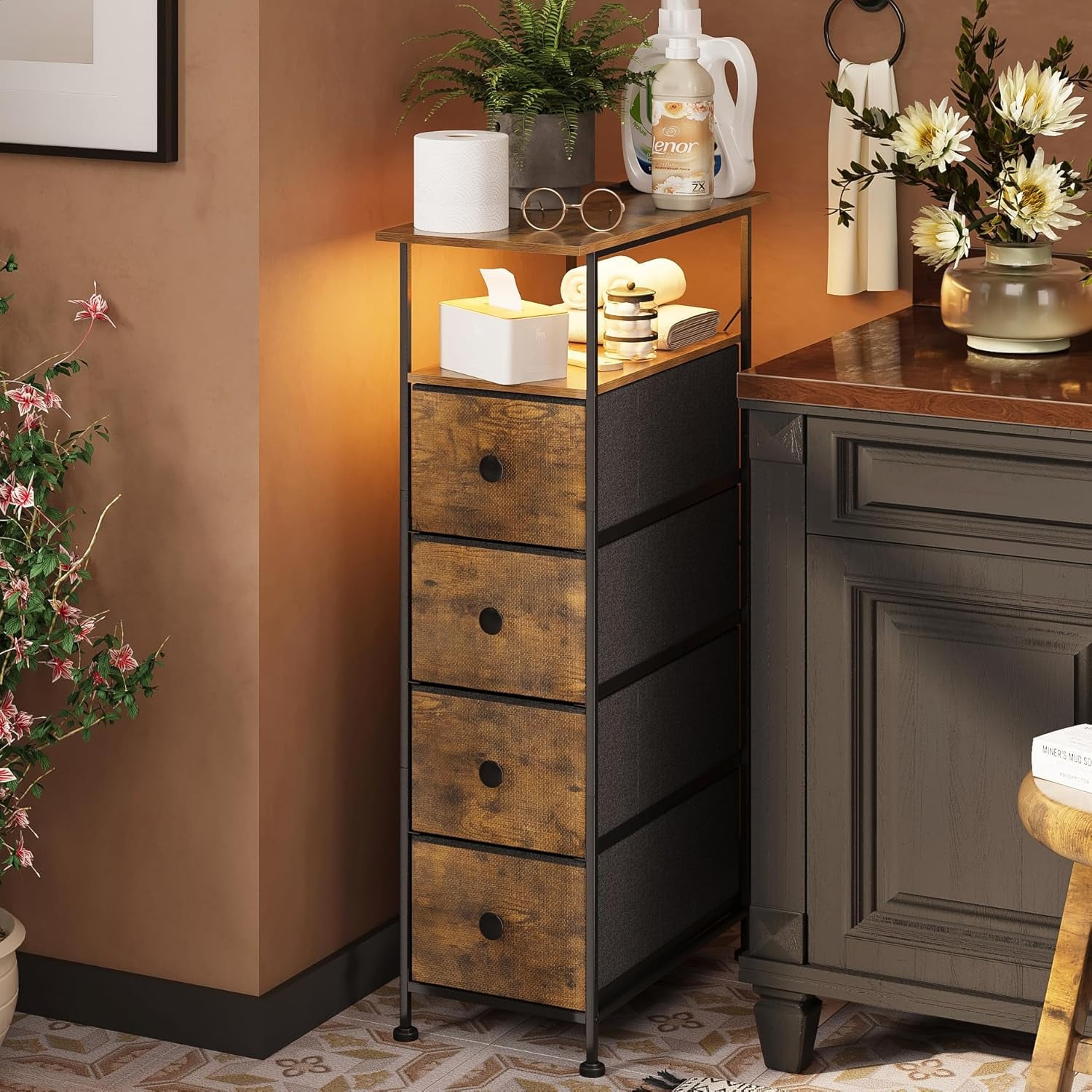 Narrow Dresser with Charging Station LED Storage Tower with Fabric ...