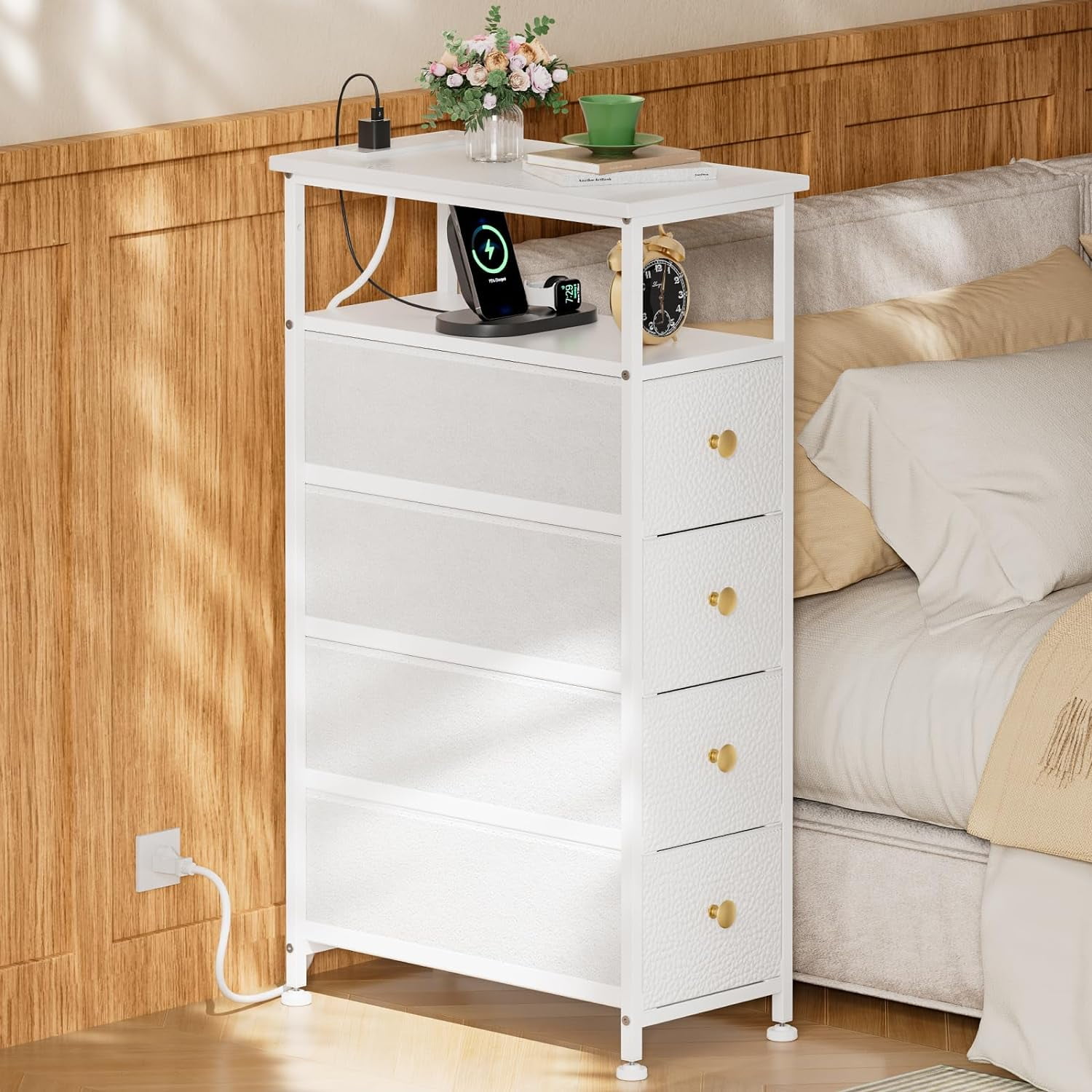 Narrow Dresser with Charging Station, Slim White Dresser with 4 Fabric ...
