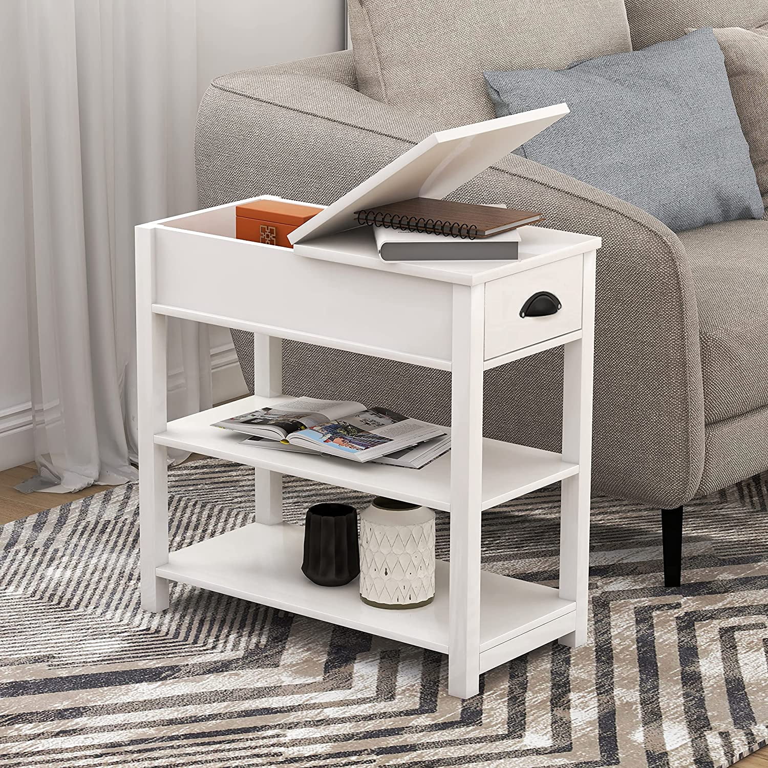 Narrow End Slim Sofa with Drawer and Narrow Telephone Nightstand for ...