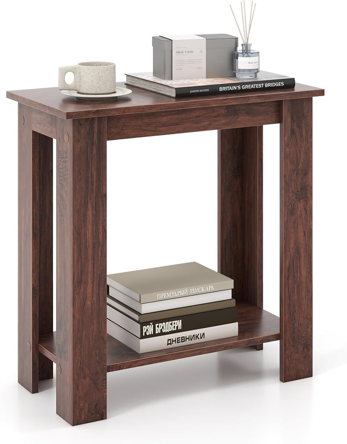 Narrow End Table, 2-Tier Side Table with Open Storage Shelf, Retro Wood ...