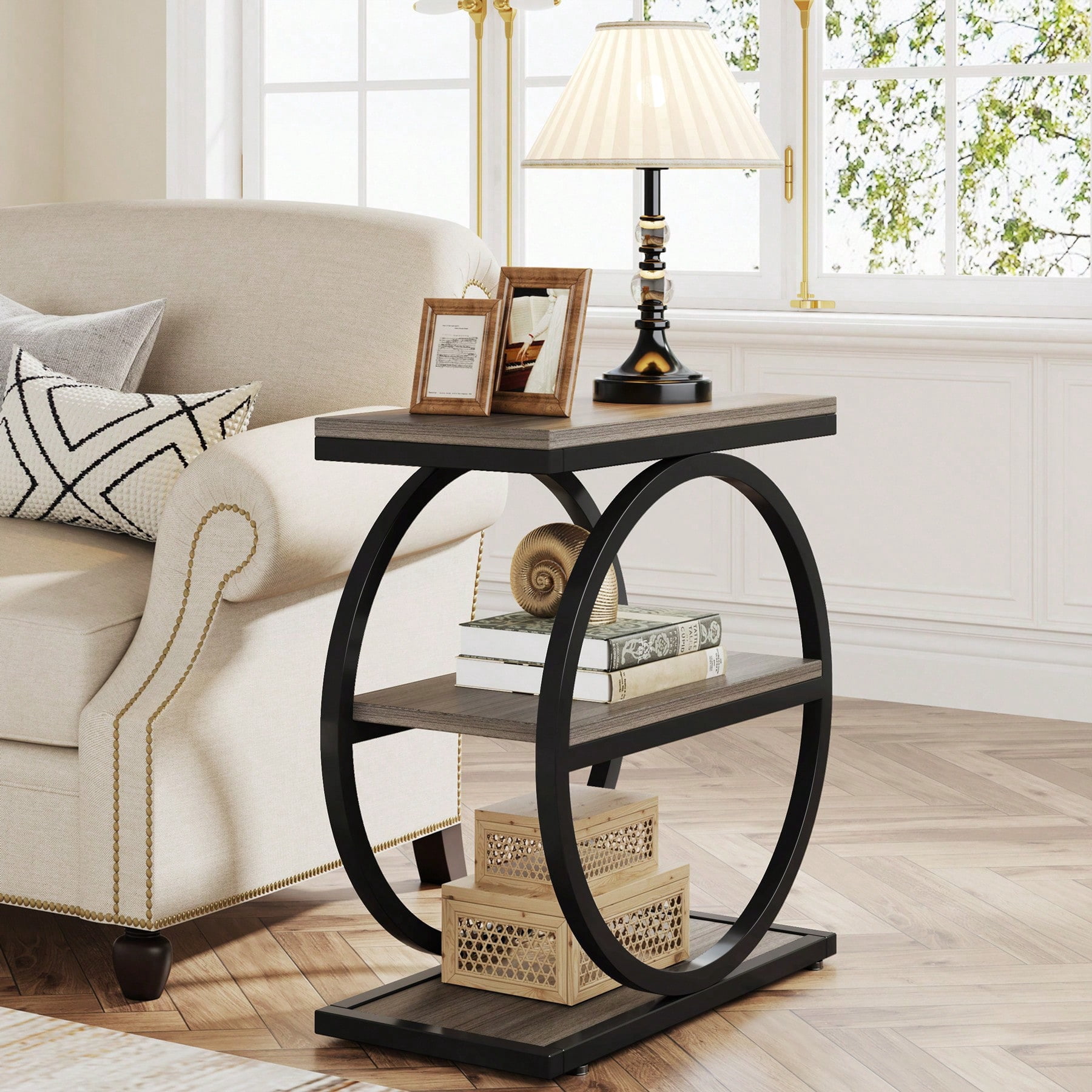 Narrow End Table With 3 Storage Shelves, Wood Side Table With Black ...