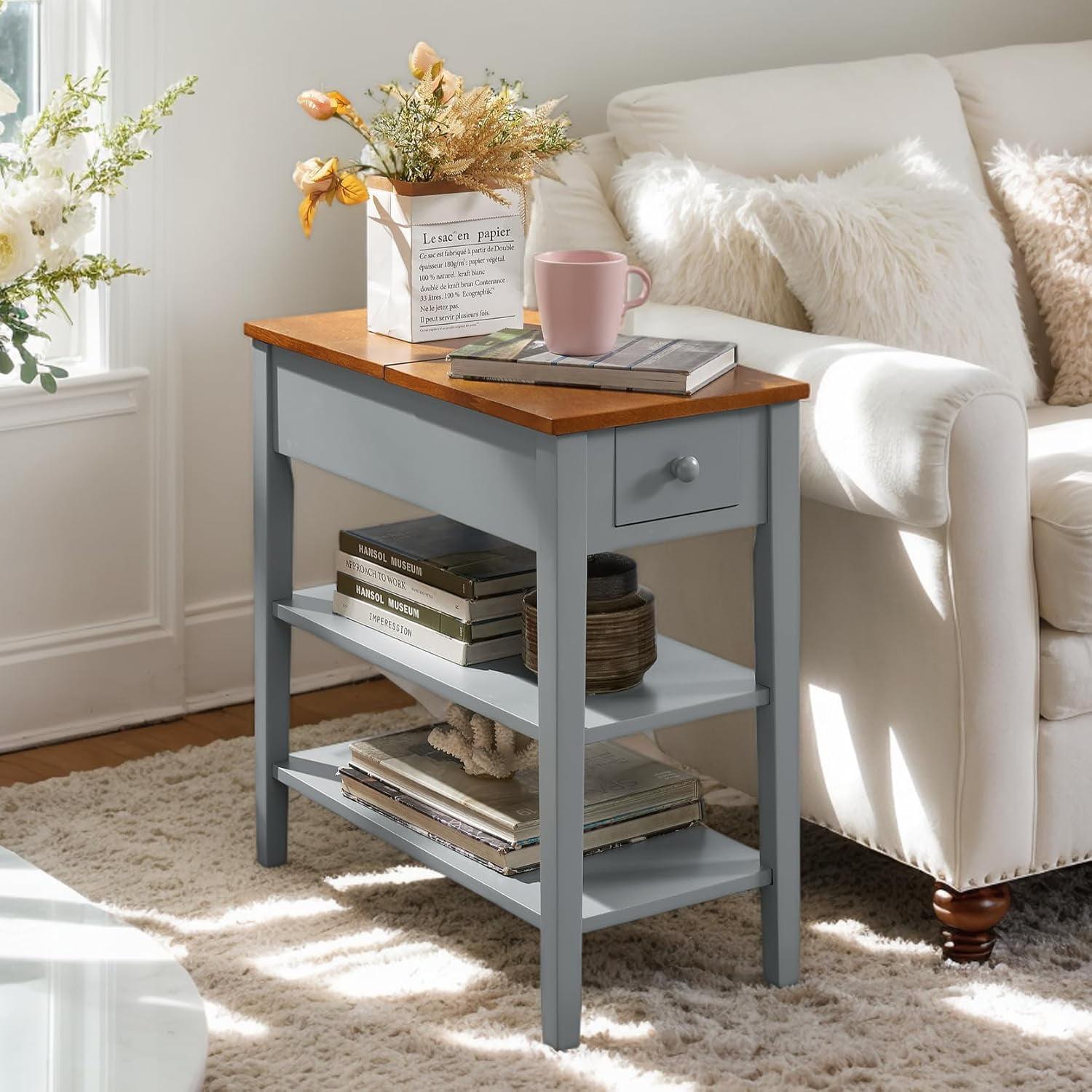 Narrow End Table, 31''H Side Table with Charging Station and Solid Wood ...
