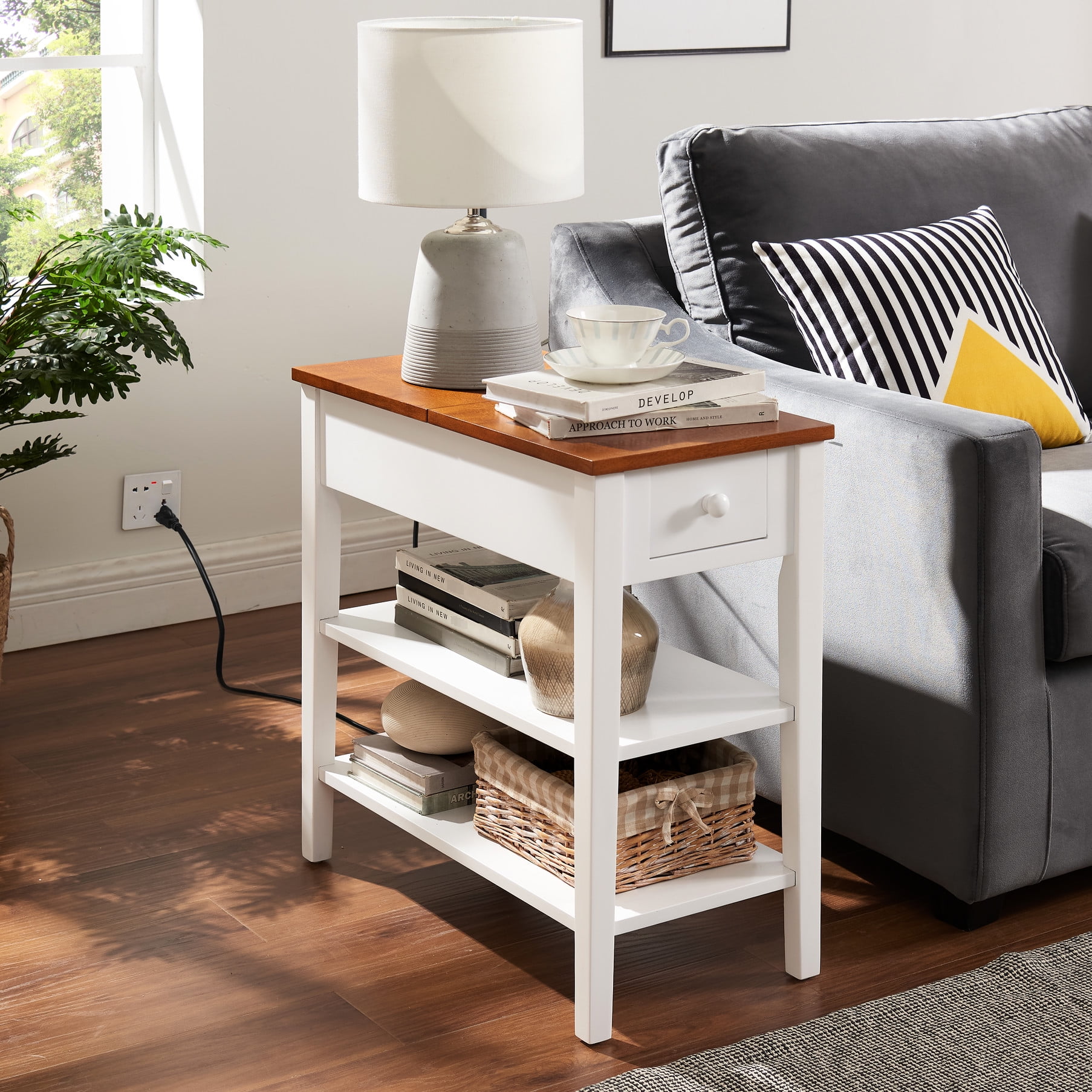 Narrow End Table With Charging Ports - White And Walnut Color Mix. Solid Wood Legs For ...