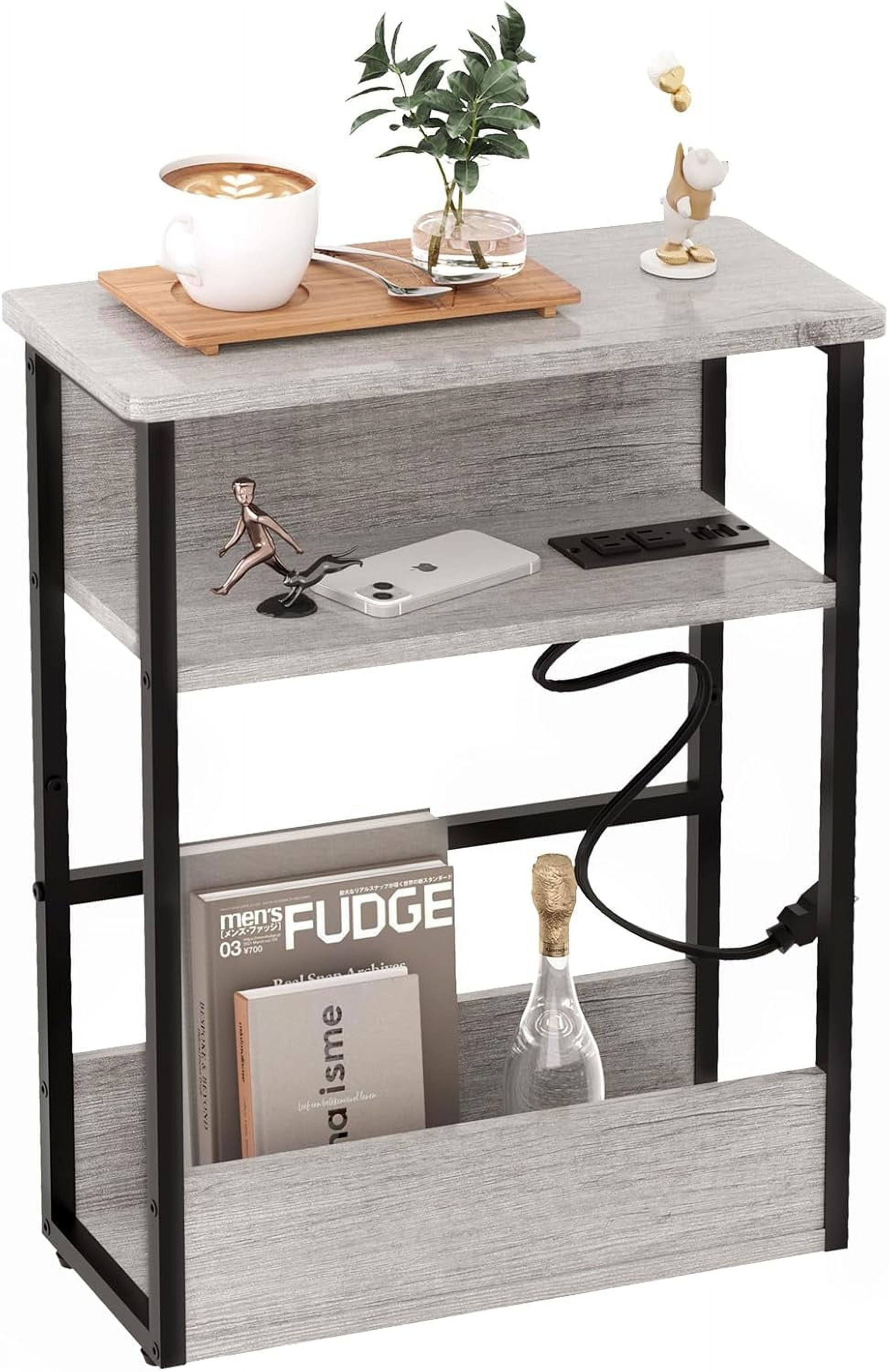 Narrow End Table with Charging Station, 3 Tier Slim Side Table for ...