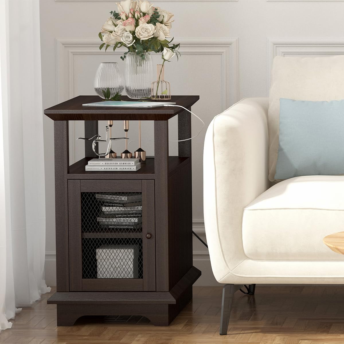 Narrow End Table with Charging Station, Farmhouse Nightstand with ...