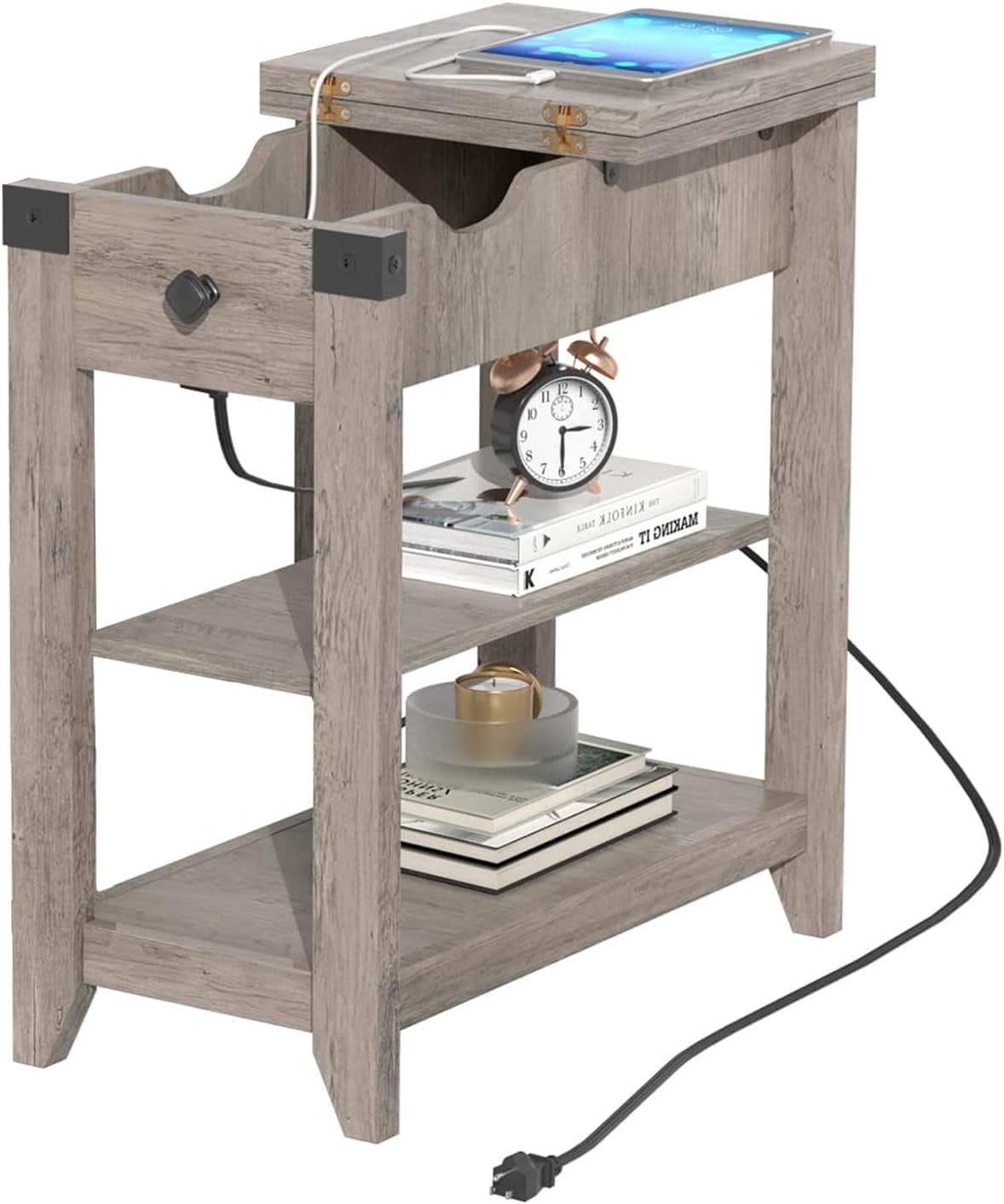 Narrow End Table with Charging Station, Flip Top Side Table with USB ...
