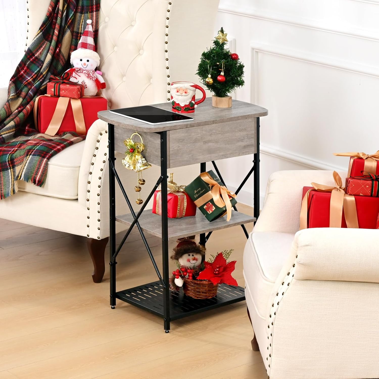 Narrow End Table with Charging Station, Grey Side Table with 3 USB ...