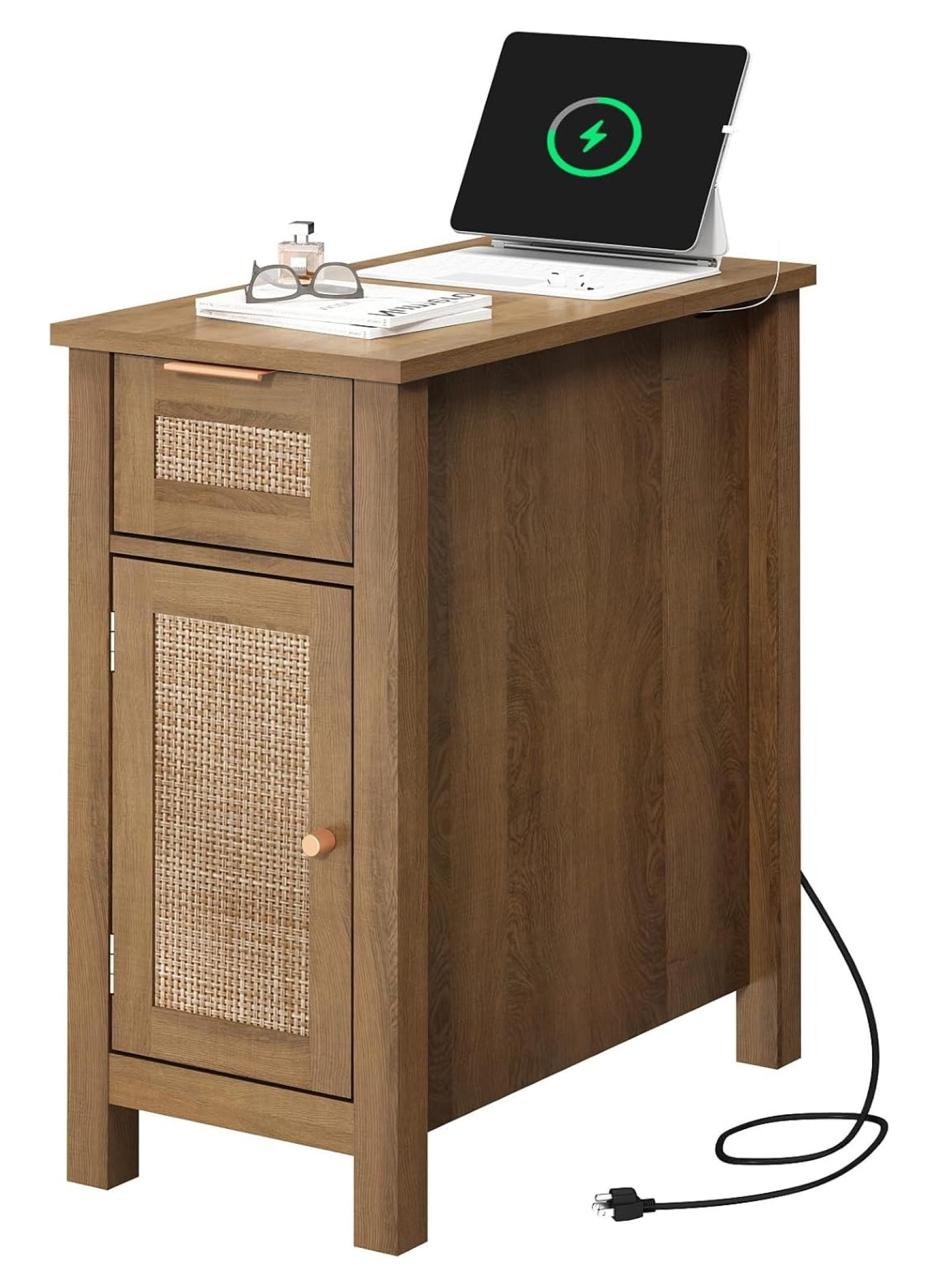 Narrow End Table with Charging Station - Midcentury Rattan Slim Side ...