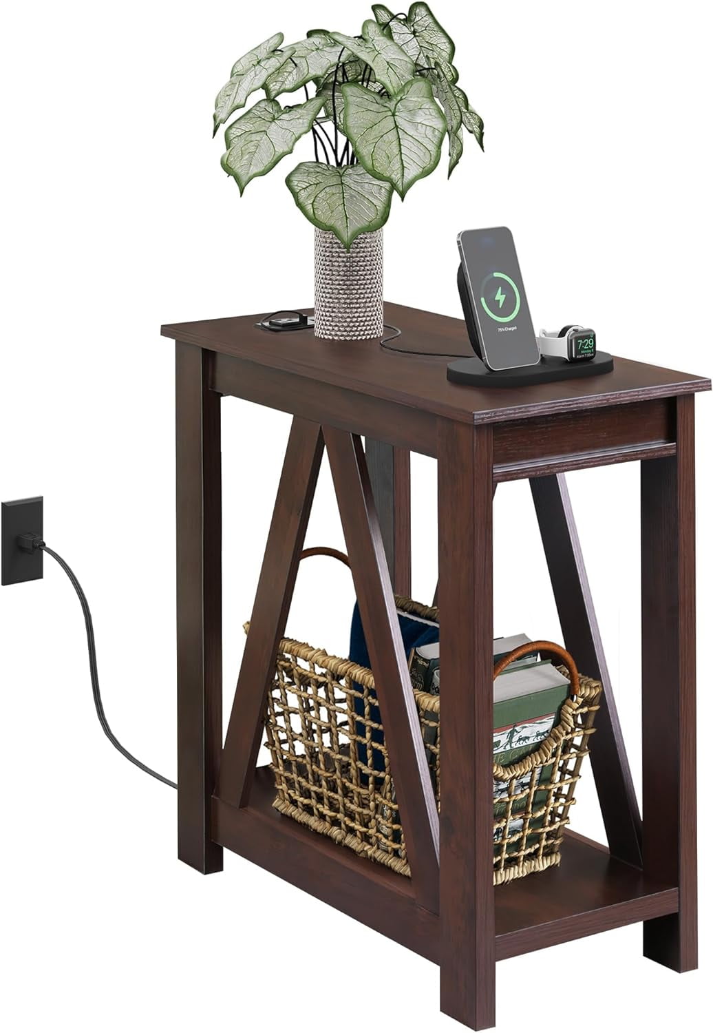 Narrow End Table with Charging Station of Open Storage Shelf，Sofa Side ...