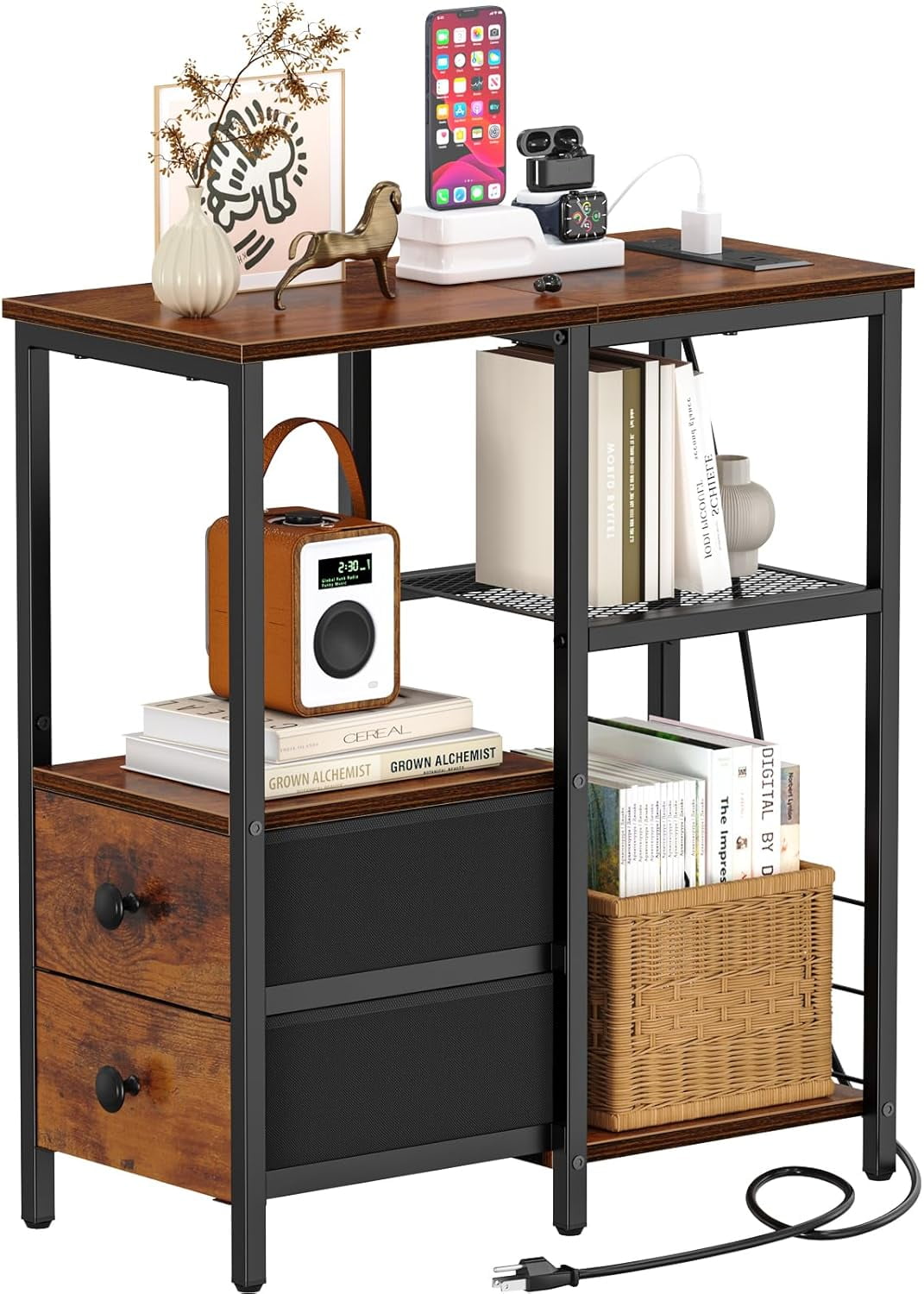 Narrow End Table with Charging Station, Record Player Stand with ...