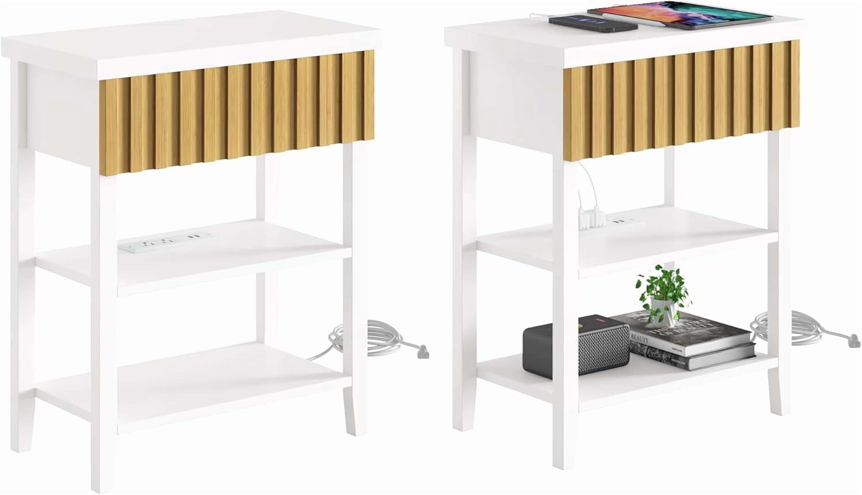 Narrow End Table with Charging Station Set of 2, Fluted Side Table with ...
