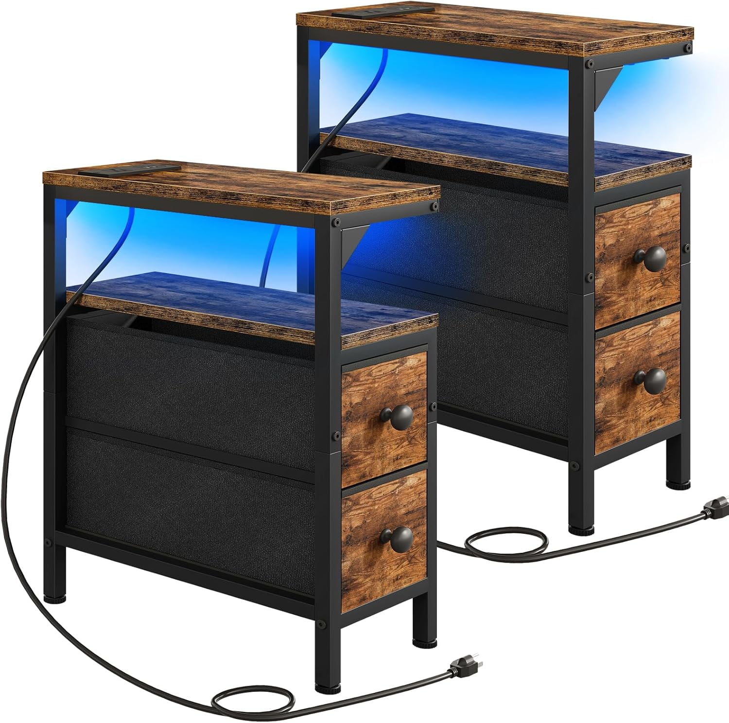 Narrow End Table with Charging Station Set of 2, Slim Side Table with ...