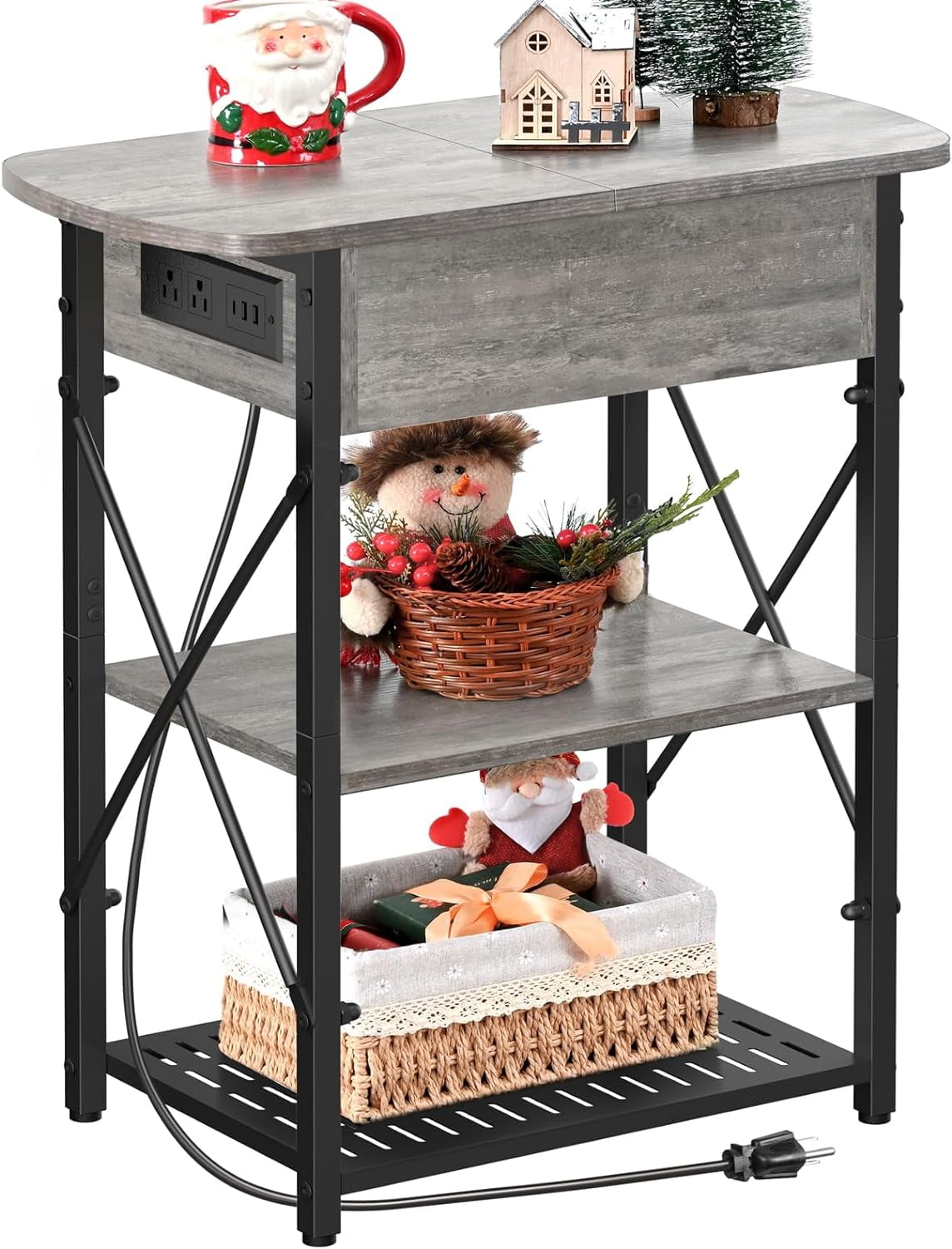 Narrow End Table with Charging Station, Side Table with 3 USB Ports and ...