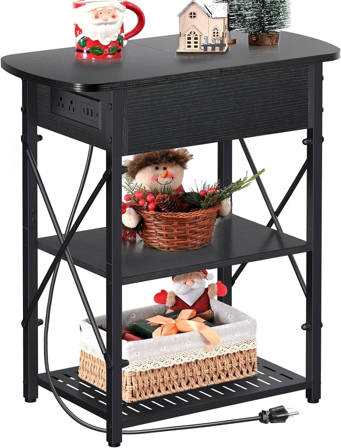 Narrow End Table with Charging Station, Side Table with 3 USB Ports and ...