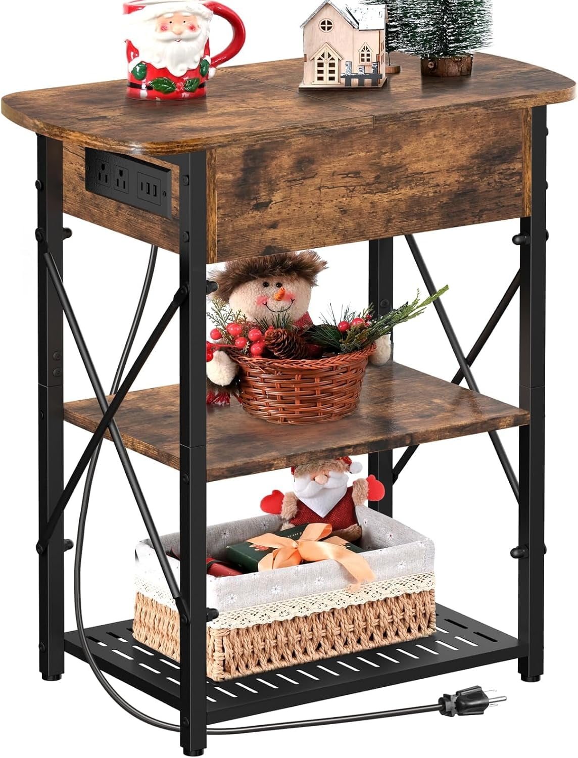 Narrow End Table with Charging Station, Side Table with 3 USB Ports and ...