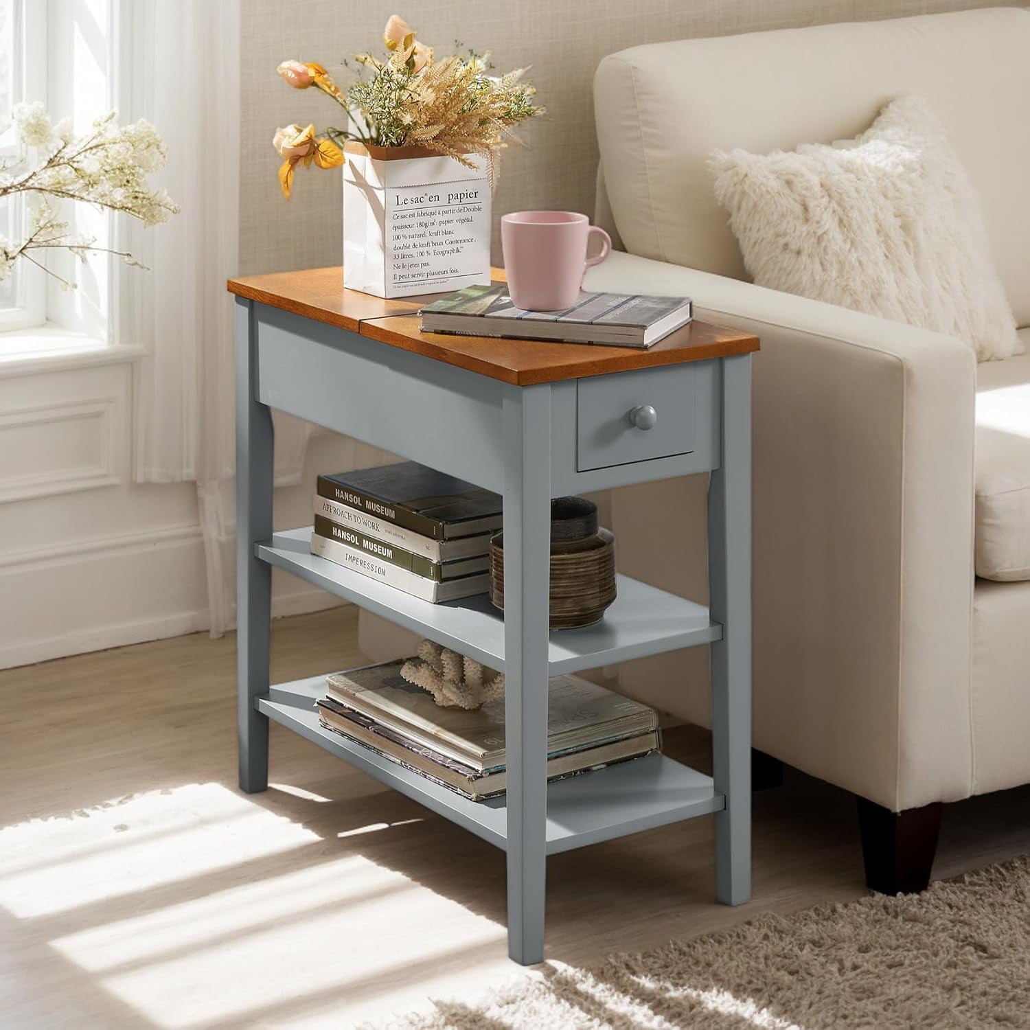 Narrow End Table with Charging Station, Side Table Living Room with USB ...