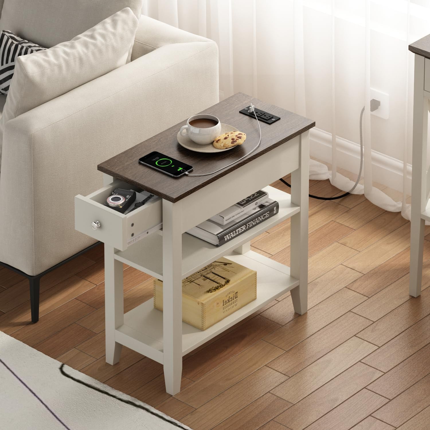 Narrow End Table with Charging Station, Side Table Living Room with USB ...