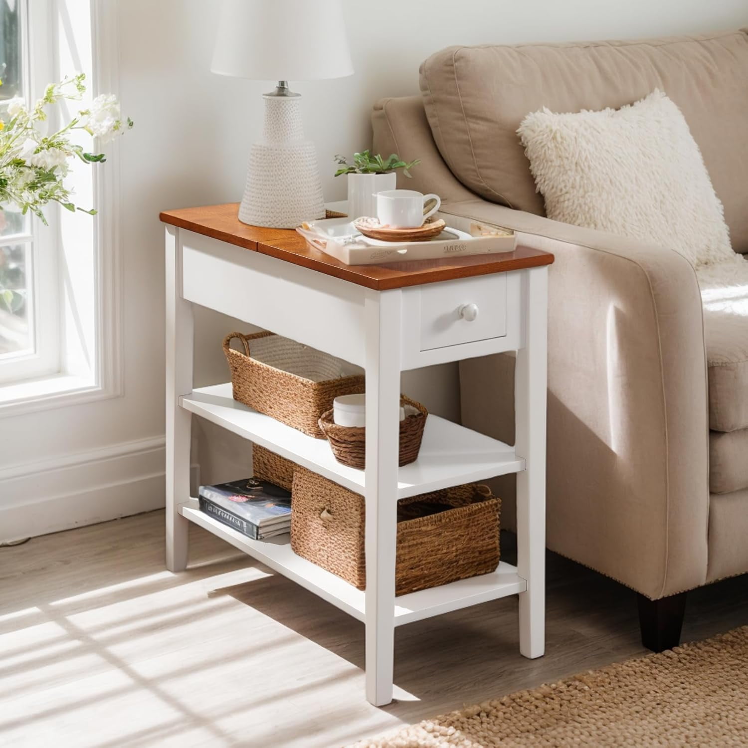Narrow End Table with Charging Station, Side Table Living Room with USB ...
