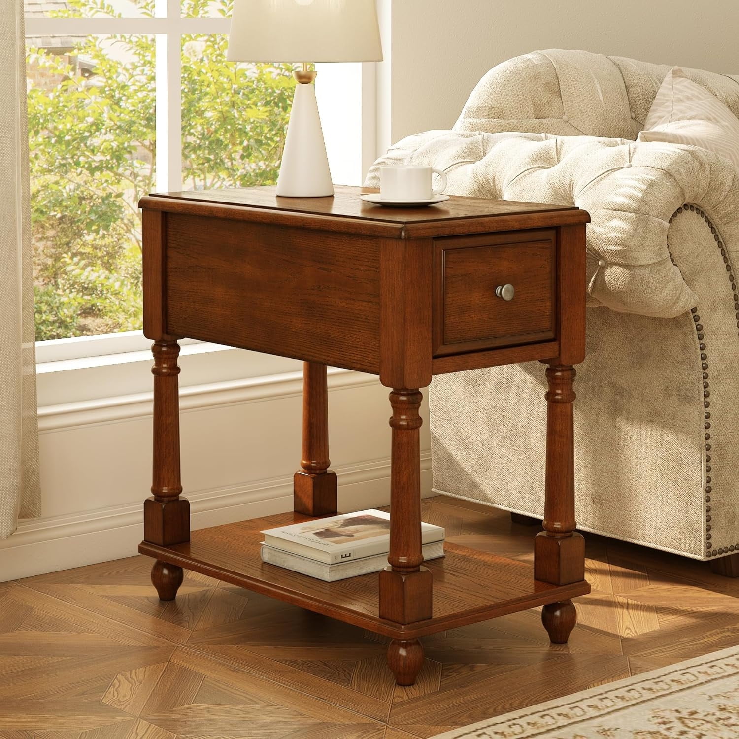 Narrow End Table with Drawer and Shelf Solid Wood Sofa Side Table 2 ...