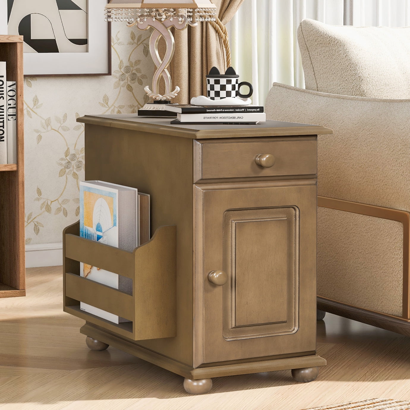 Narrow End Table with Flip Top Charging Station, Sofa Chair Side Table ...