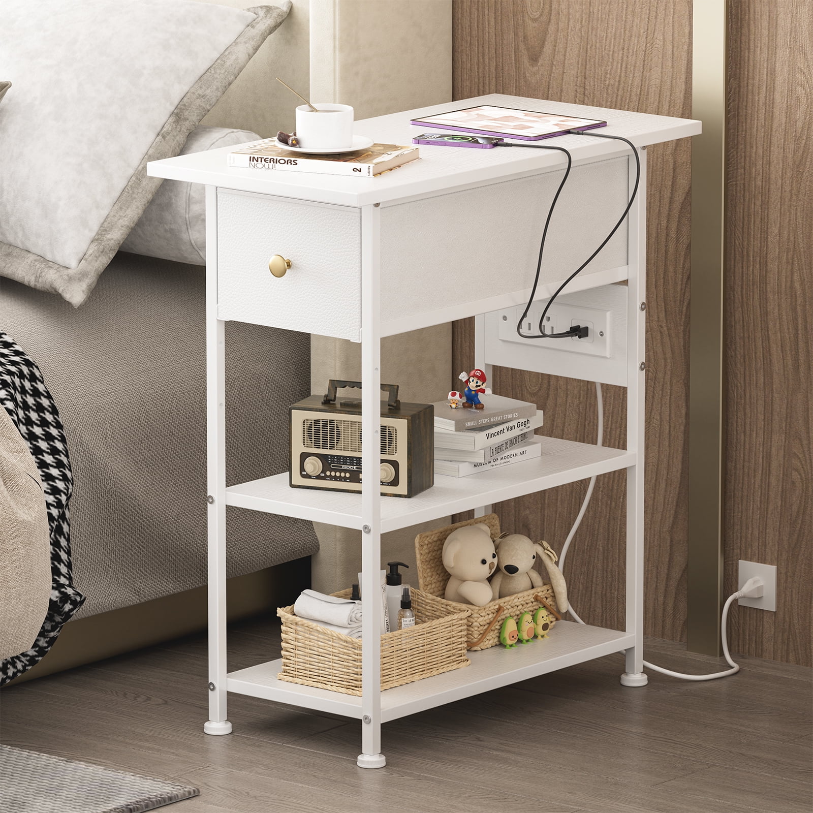 Narrow End Table with Integrated Charging Station, With LED Light ...