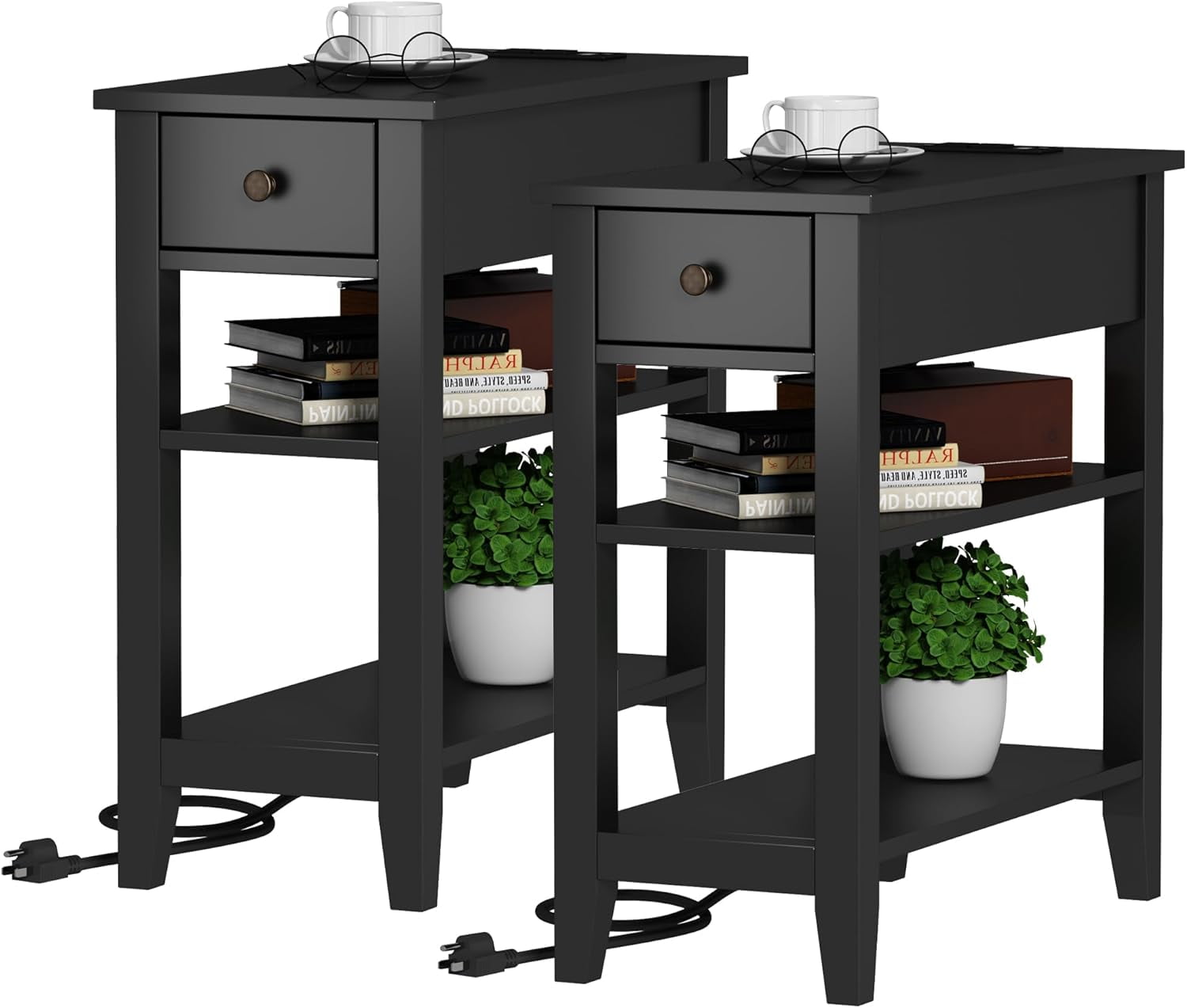 Narrow End Table Set of 2,Side Table Living Room with USB Ports & Power ...