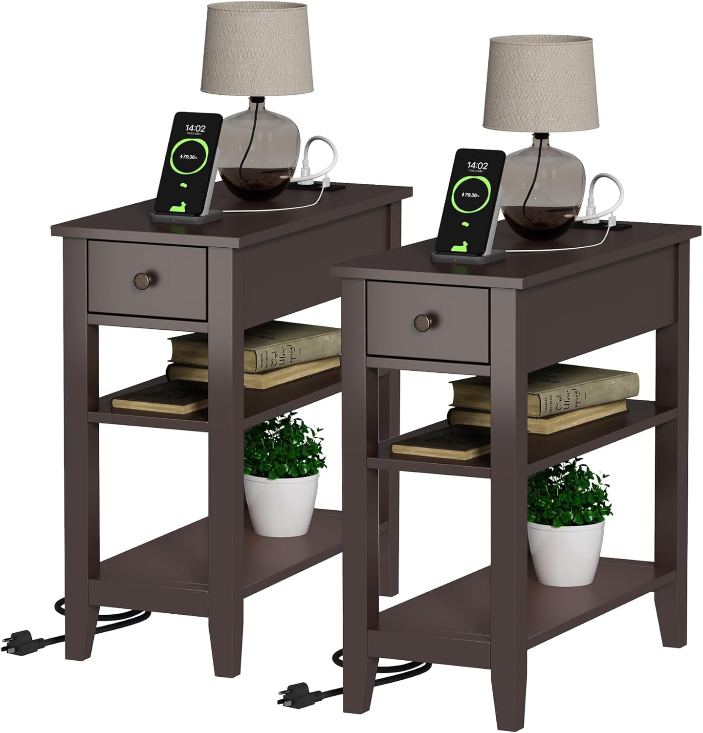 Narrow End Table Set of 2,Side Table Living Room with USB Ports & Power ...